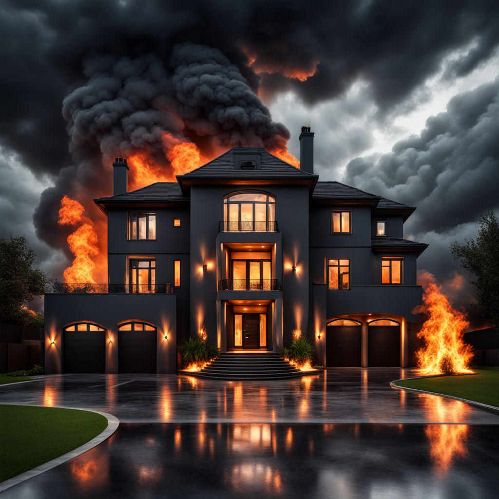 Modern mansion on fire by Adam - Playground