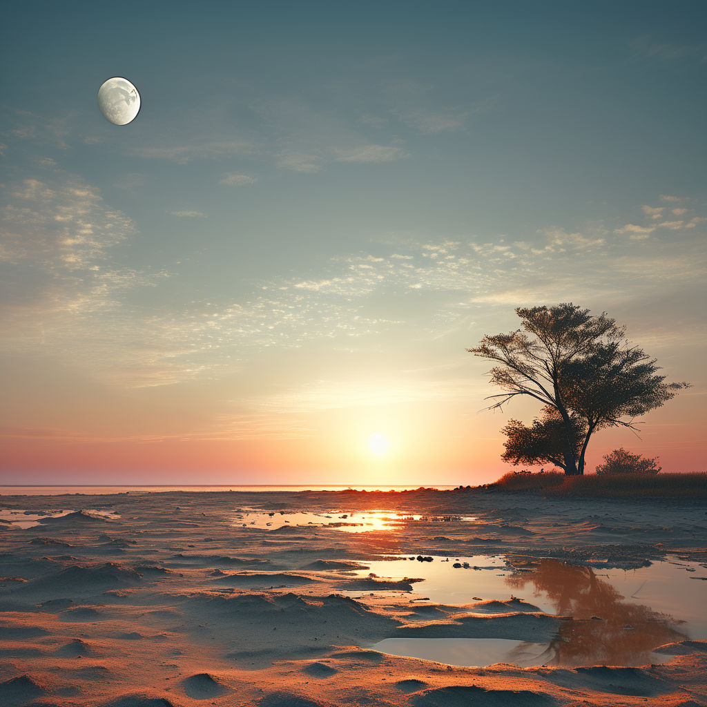 The moon and the sun rising at the same time on the horizon by Philippe ...