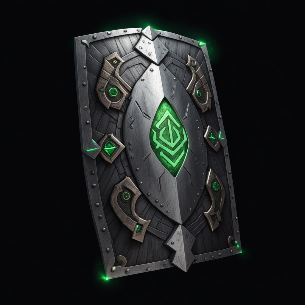 A silver shield with green glowing dwarven runes by Bruno Marcon ...