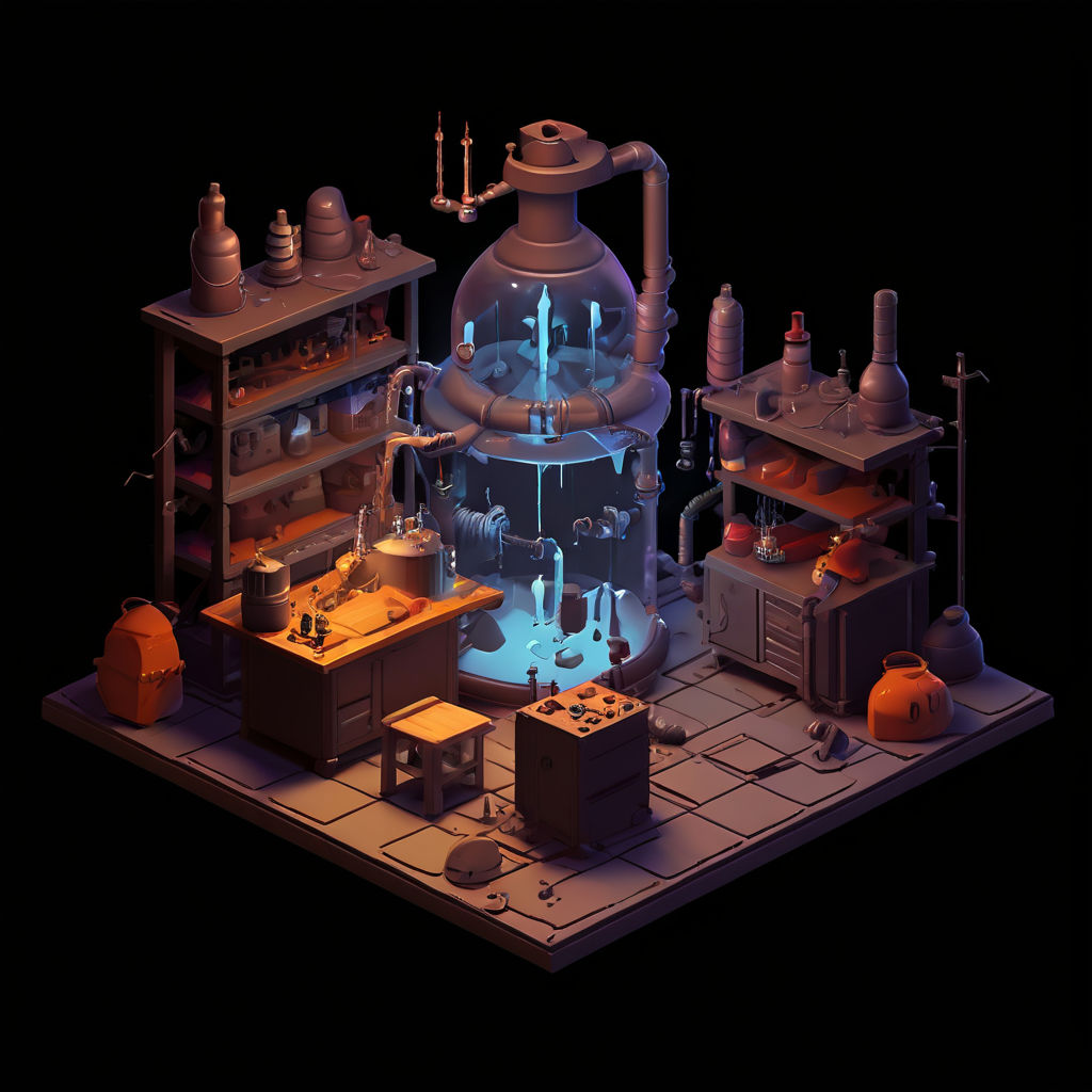 Secret laboratory with homunculi in a 3d isometric style in ... by Roy ...