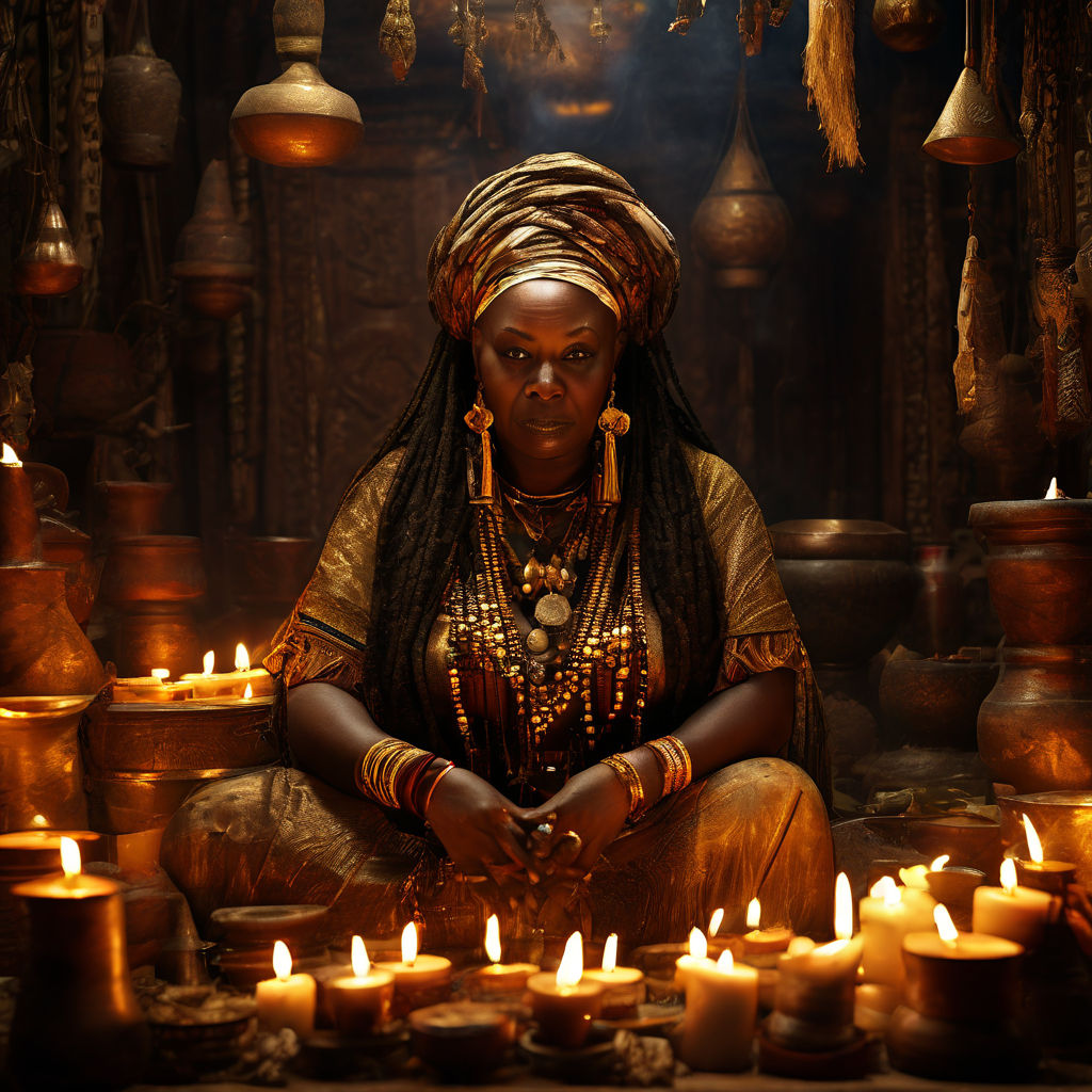 Old African voodoo priestess inside a place with lots of can... by ...