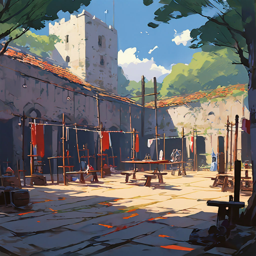 Medieval training ground with practice dummies and weapon ra... by ...