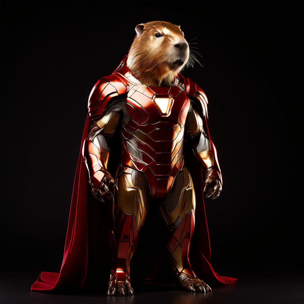 Capybara clad in Iron Man's iconic red and gold armor standi... by 학생6 ...