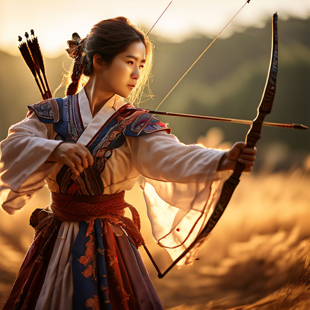 Korean archer in traditional hanbok drawing back a longbow by 정시혁 ...