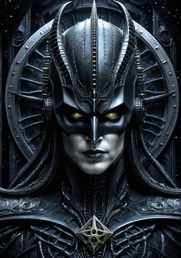 Dark knight portrait infused with H.R. Giger's biomechanical... by ...