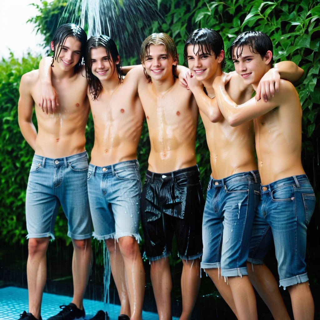 Group of wet teen boys is taking a shower fully clothed. dri... by robbieie z - Playground