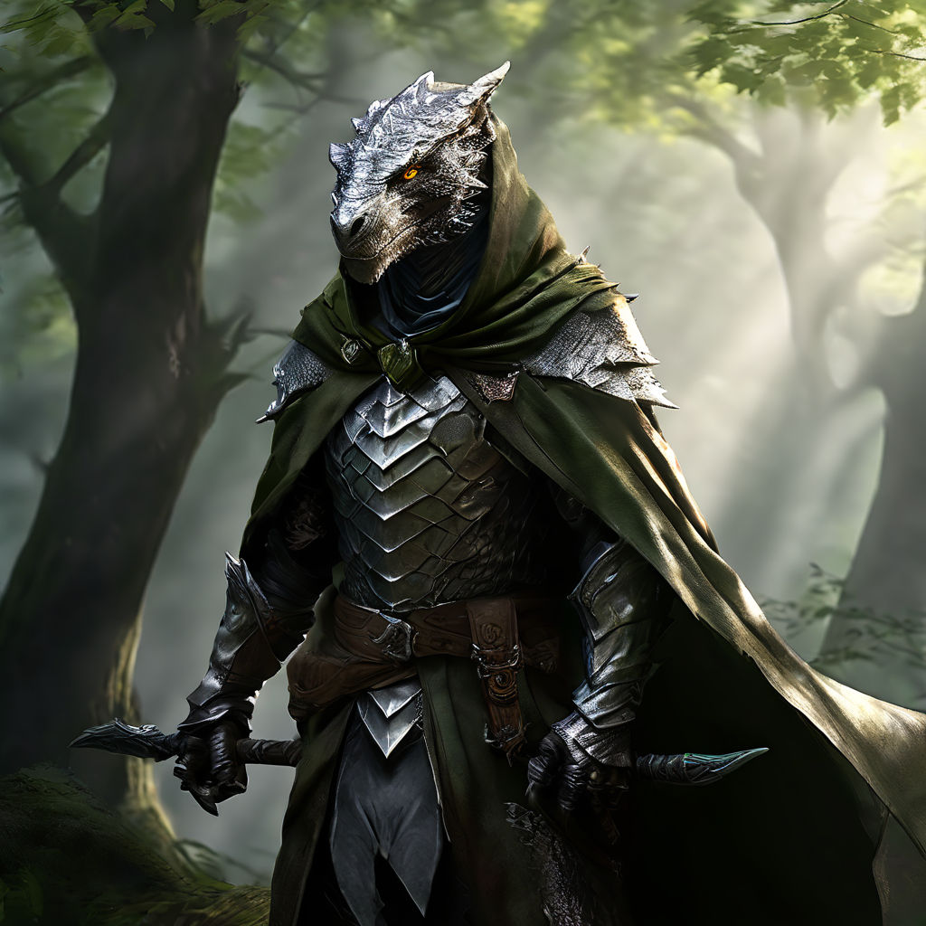 Silver Dragonborn Ranger clad in a DnD-style cloak standing ... by ...