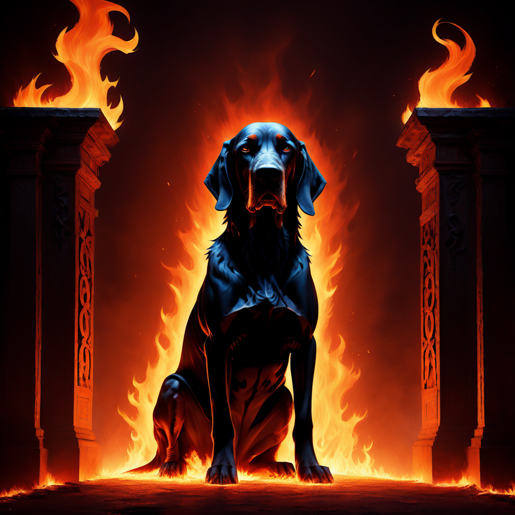 Hound with flames encompassing its body by Duncan Beach - Playground