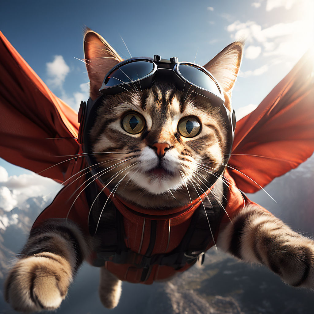 A cat flying to the front the cat is wearing wingsuit camer... by Bryan Lee - Playground