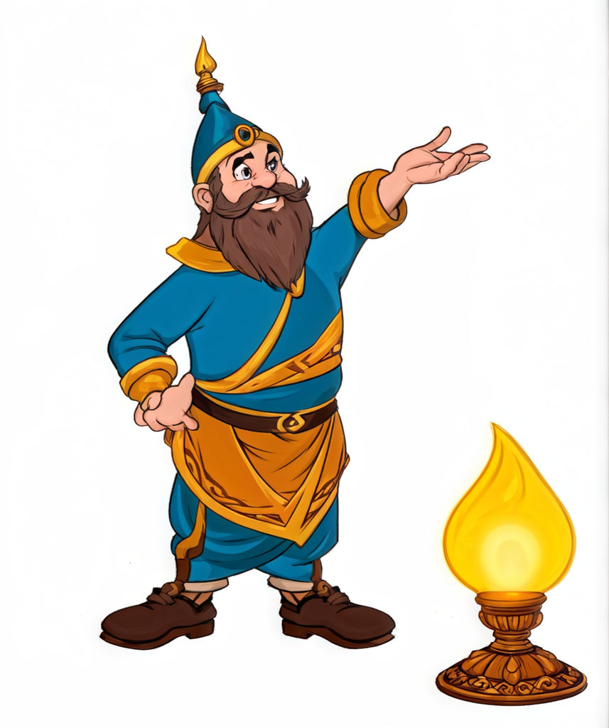 Please draw a dwarf lamp genie in a cartoon style. Cartoon by Mooka ...