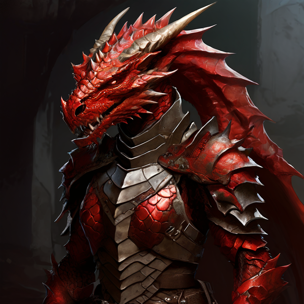 A female red dragon on all fours guard in armor with helm dn... by ...