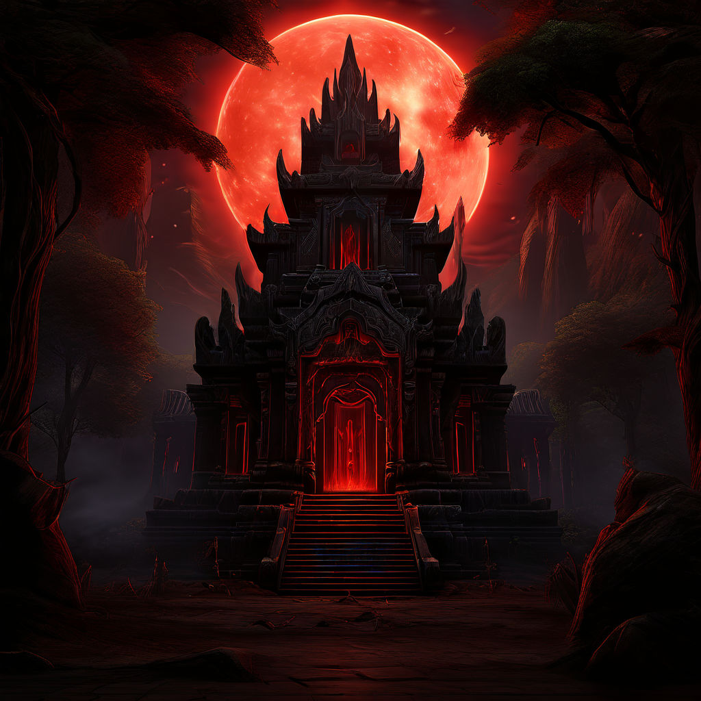 Create a wallpaper on a temple in the forest with a red full... by ...