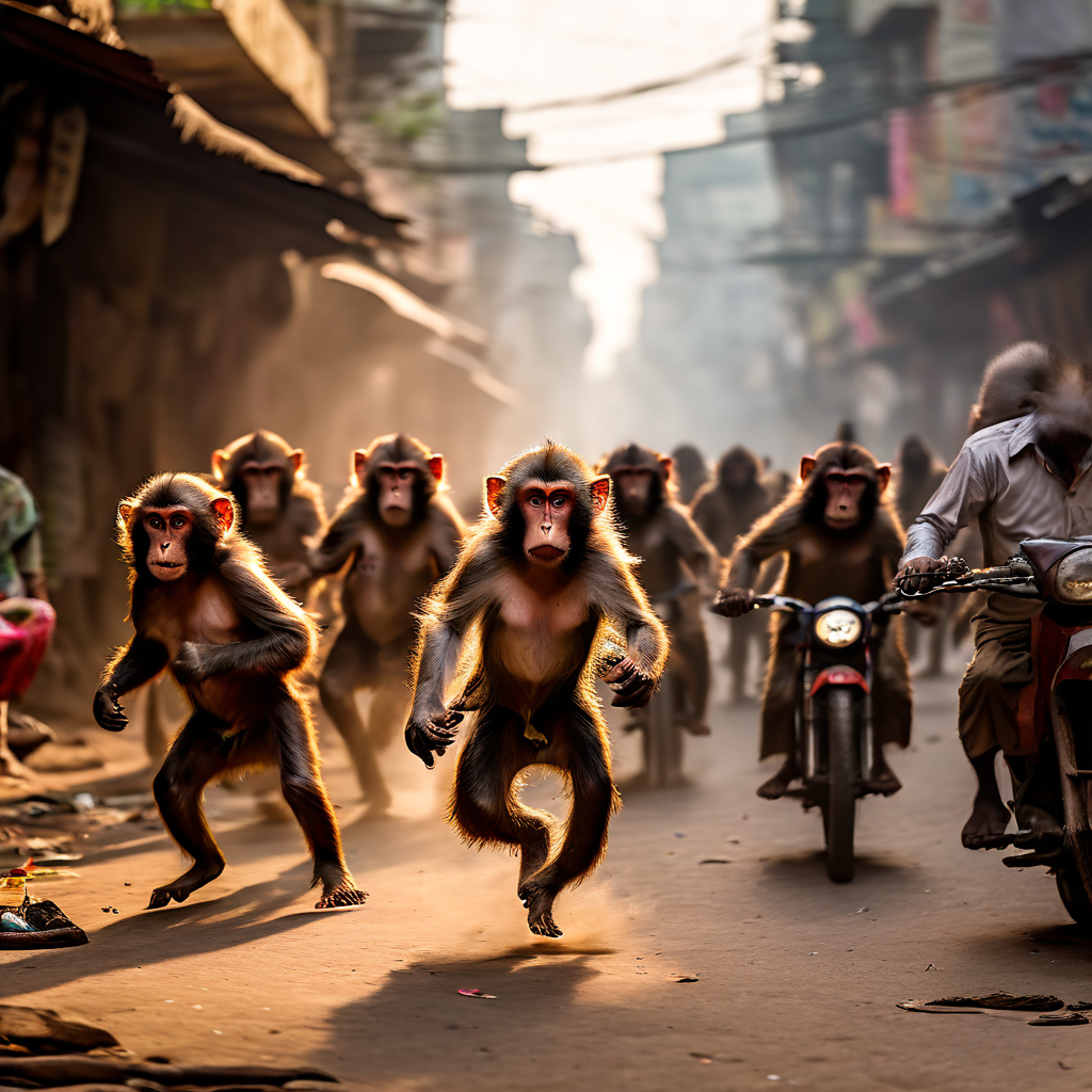 A troop of monkeys engaging in a fierce battle against an ov... by ...
