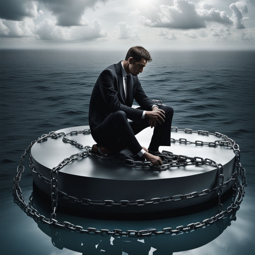 An emaciated man bounded by chains that’s attached to a larg... by ...