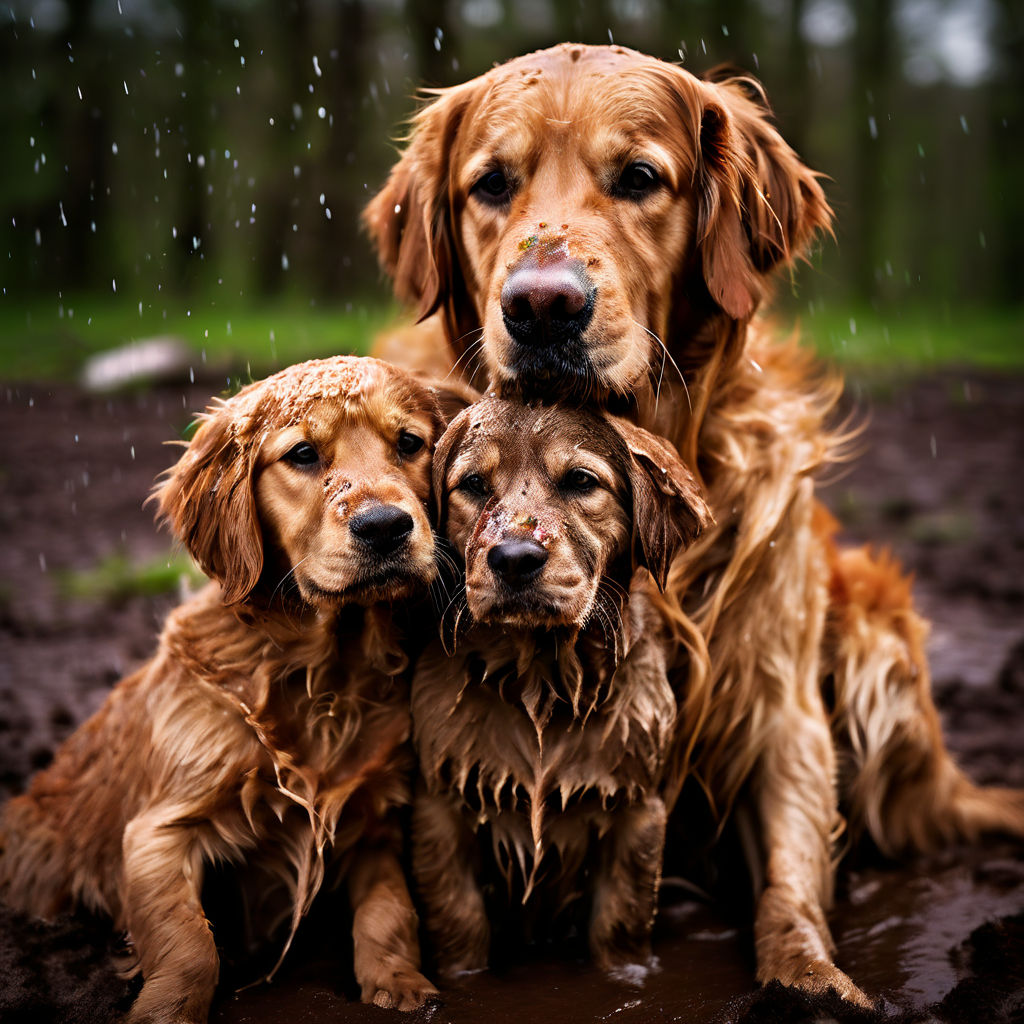 A mother pregnant dog and her three golden retriever covered... by Badol Biswas - Playground