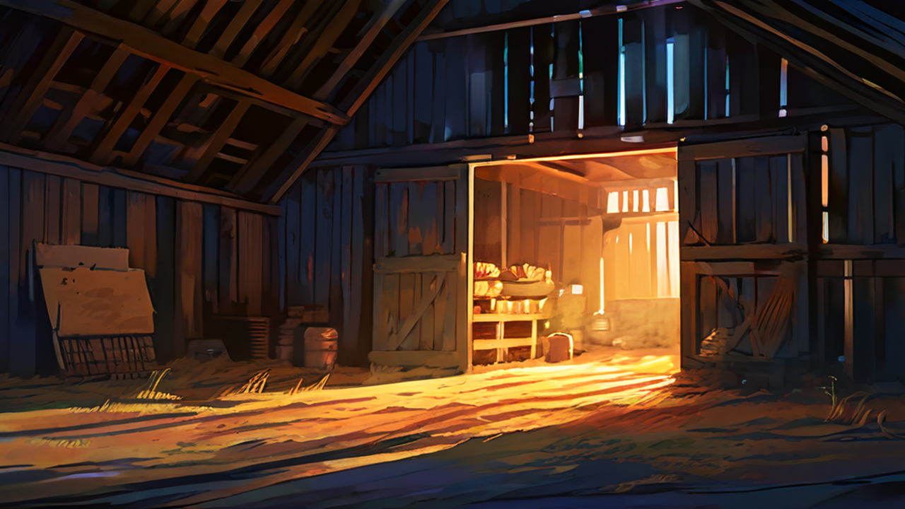 The interior of a barn in front of it late at night there is... by 주냑:D ...