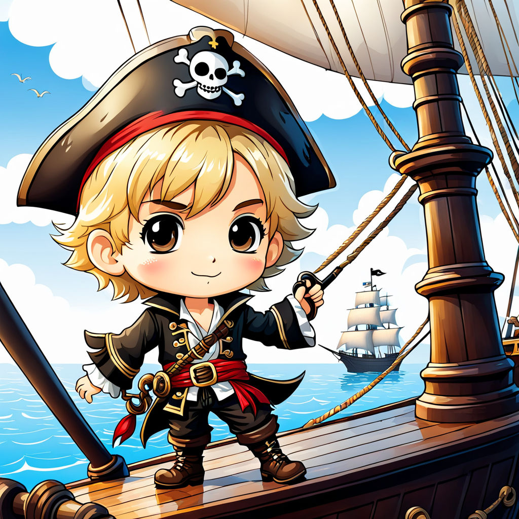 Cute chibi blonde boy pirate on sailing ship by B. A. McCray - Playground
