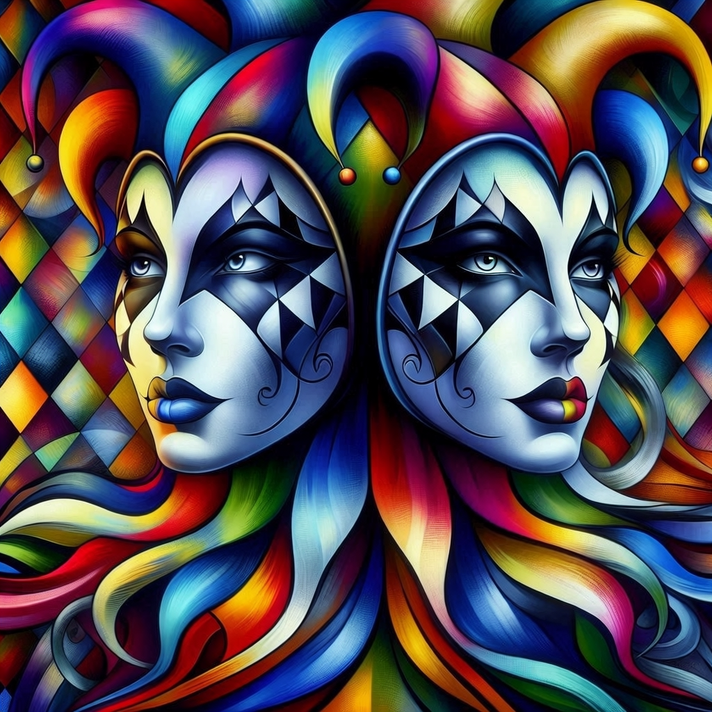 A fantastical digital painting featuring two jester faces by blizzard ...