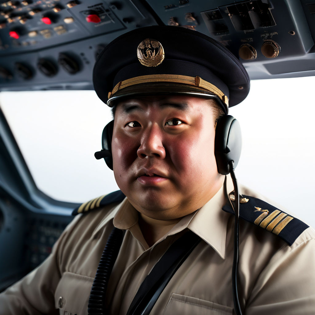 Make a really worried fat chinese pilot of a plane with cold... by ...
