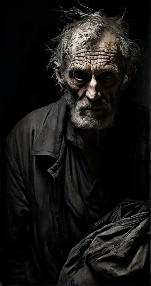 Horror-film style portrait of a gaunt old man with deep-set by ...