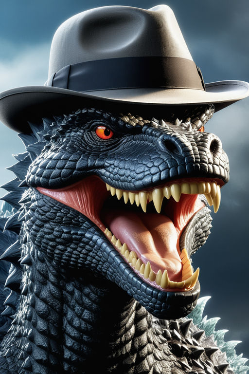 Godzilla smiling wearing a fedora by Altherless - Playground
