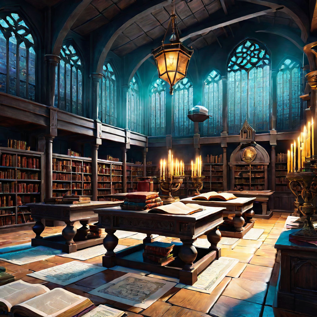 Visualize a vacant mystical magic school with ancient tomes by Tracy M ...