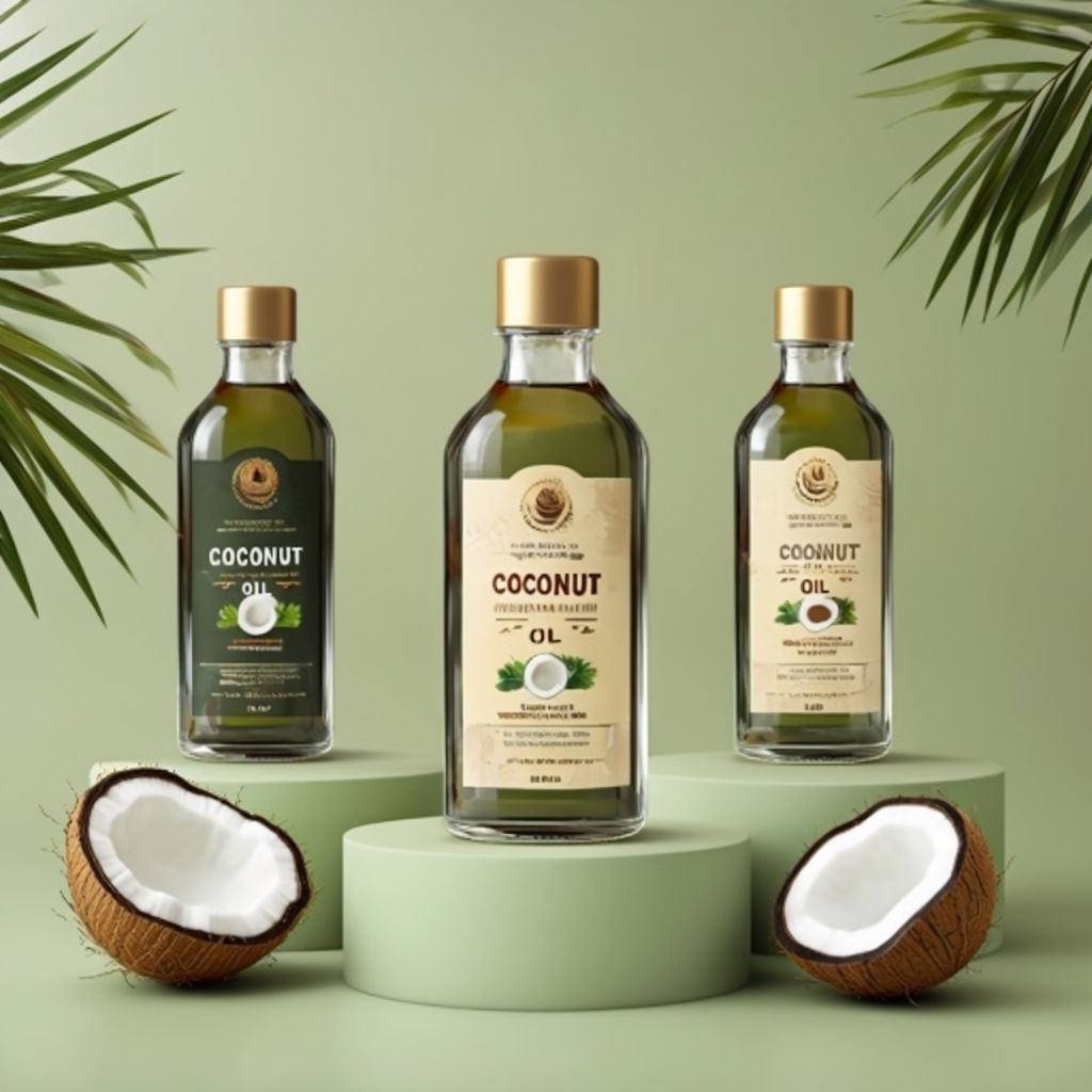 The advertisement features three bottles of 'COCONUT OIL' ar... by ...
