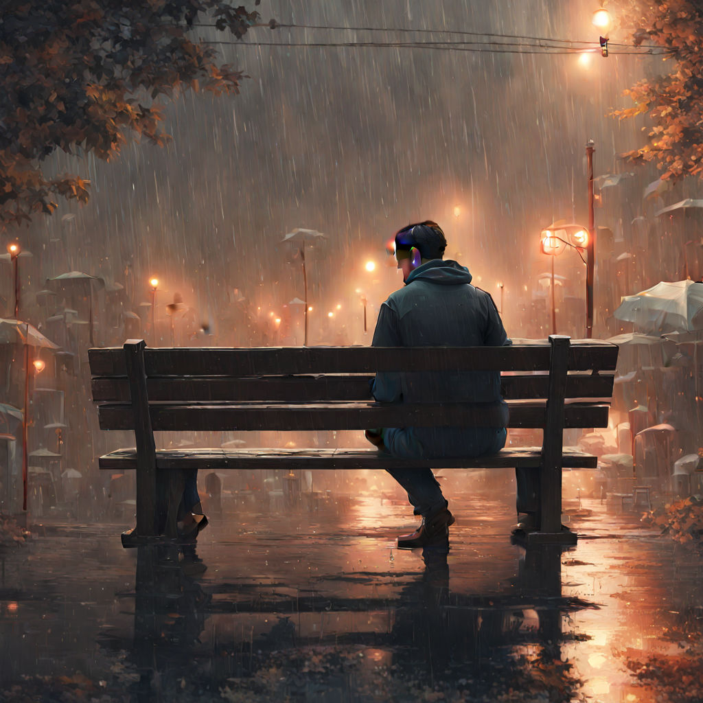 A sad man siting on a bench during the heavy rain and smoky ... by ...