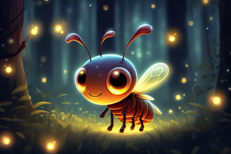 A bright and curious firefly glowing softly as he explores t... by ...