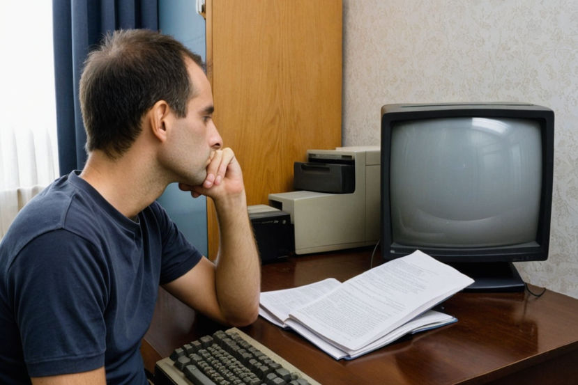 A sad man is sitting at an old computer with his head restin... by ...