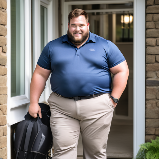 A chunky bulky hefty man in tight fitting blue shirt and bla... by Yael ...