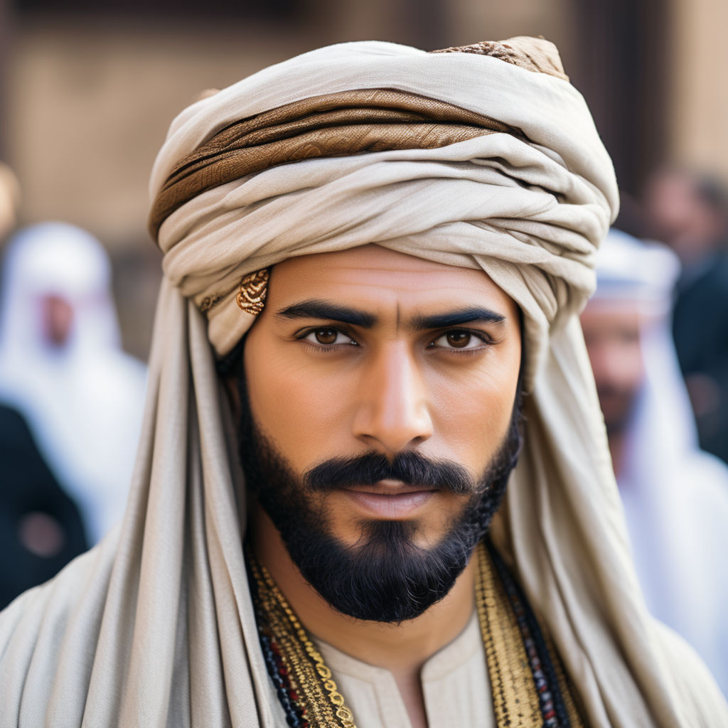 An ancient world presenter wearing an Arab turban faces the ... by بأس ...