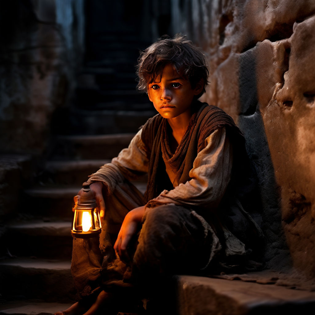 A poor boy sitting on the weathered steps of an ancient fort... by ...