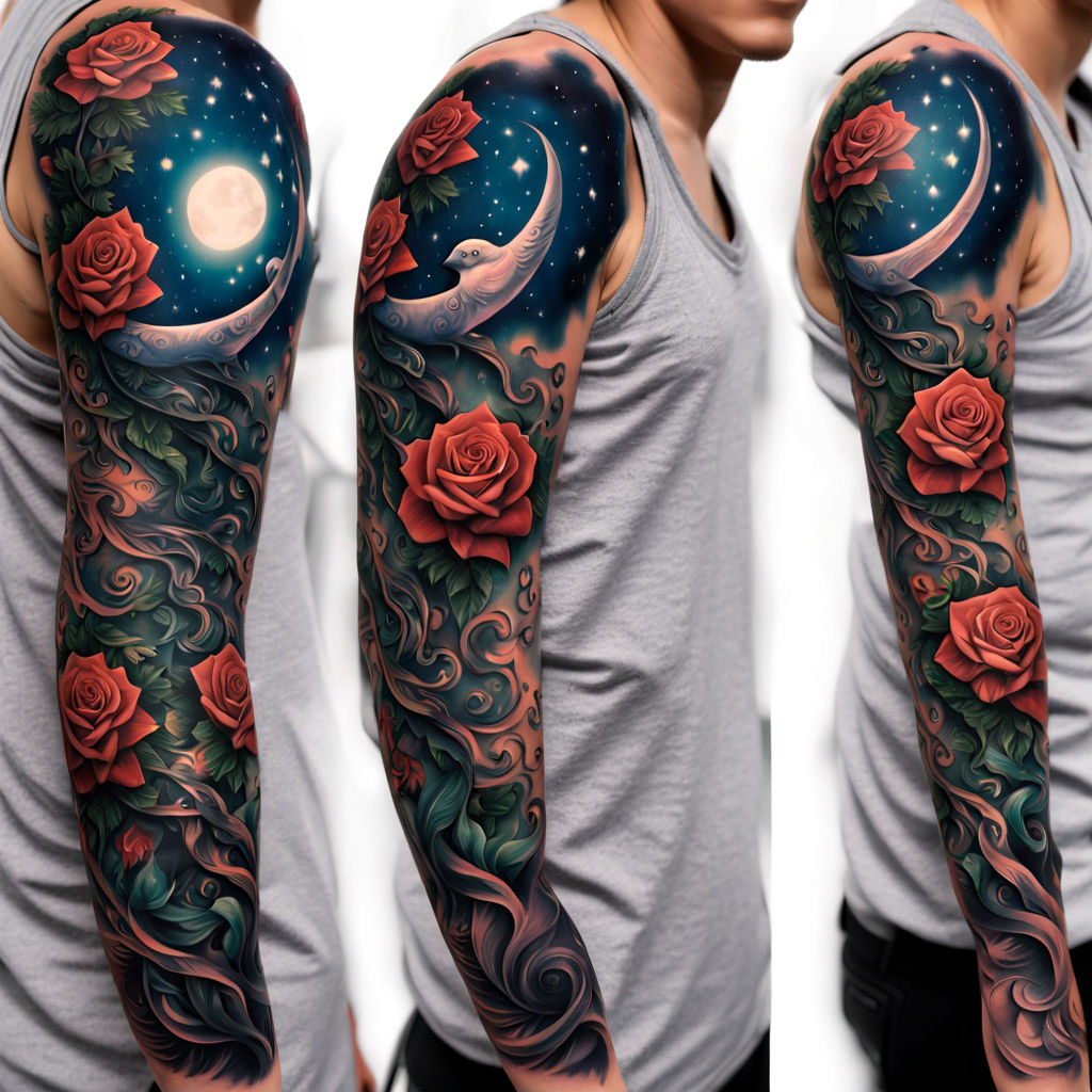 Full arm sleeve tattoo wrapped with ivy roses and foliage by Jame Andy ...