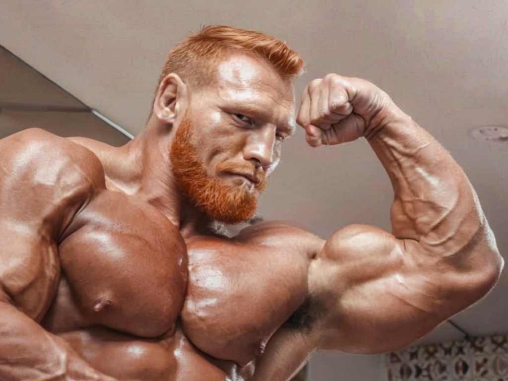 A close-up photograph of a massively muscular man with short... by ...