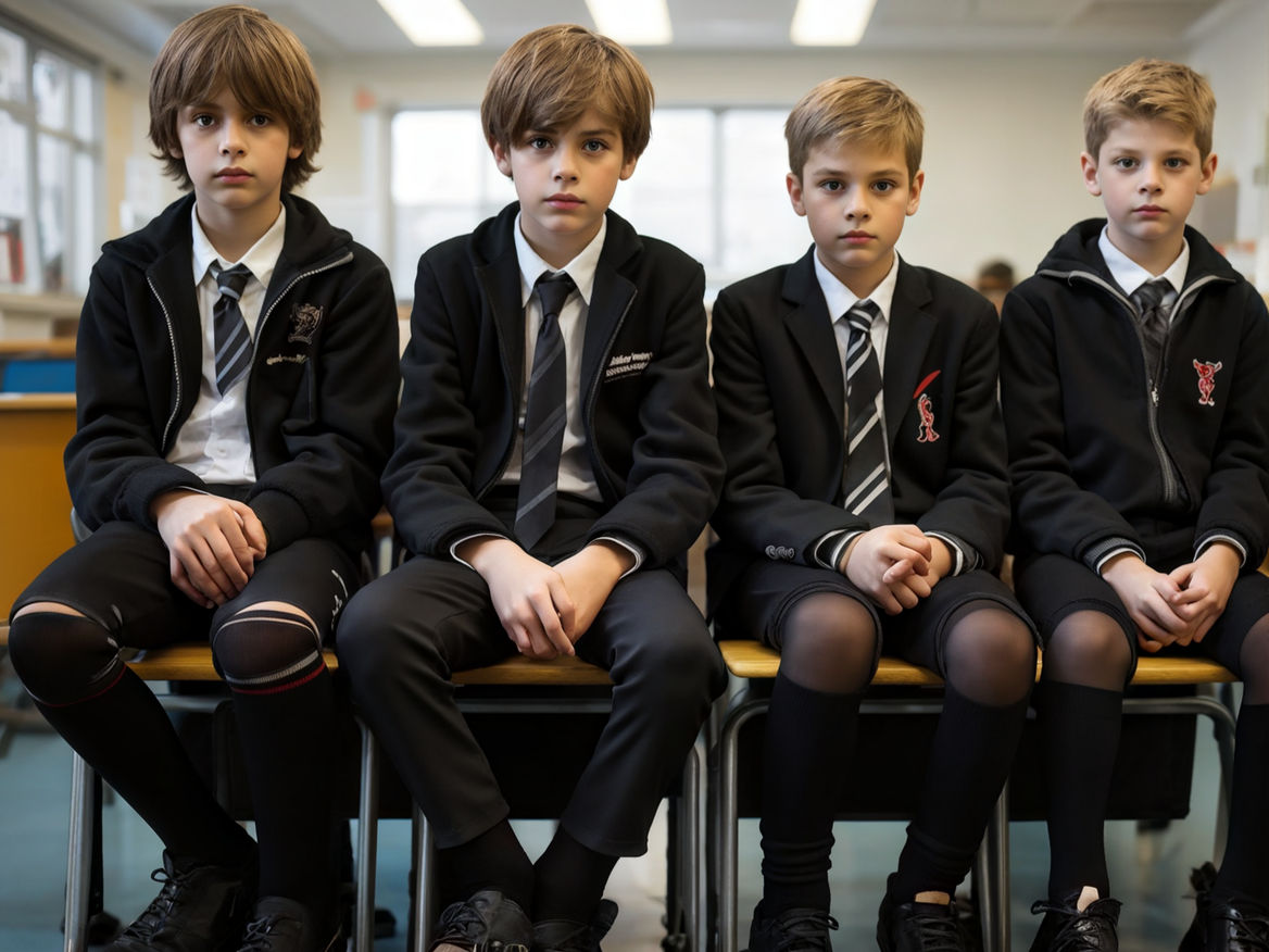 12 year old boys wearing black pantyhose in a classroom. Bla... by Dale ...