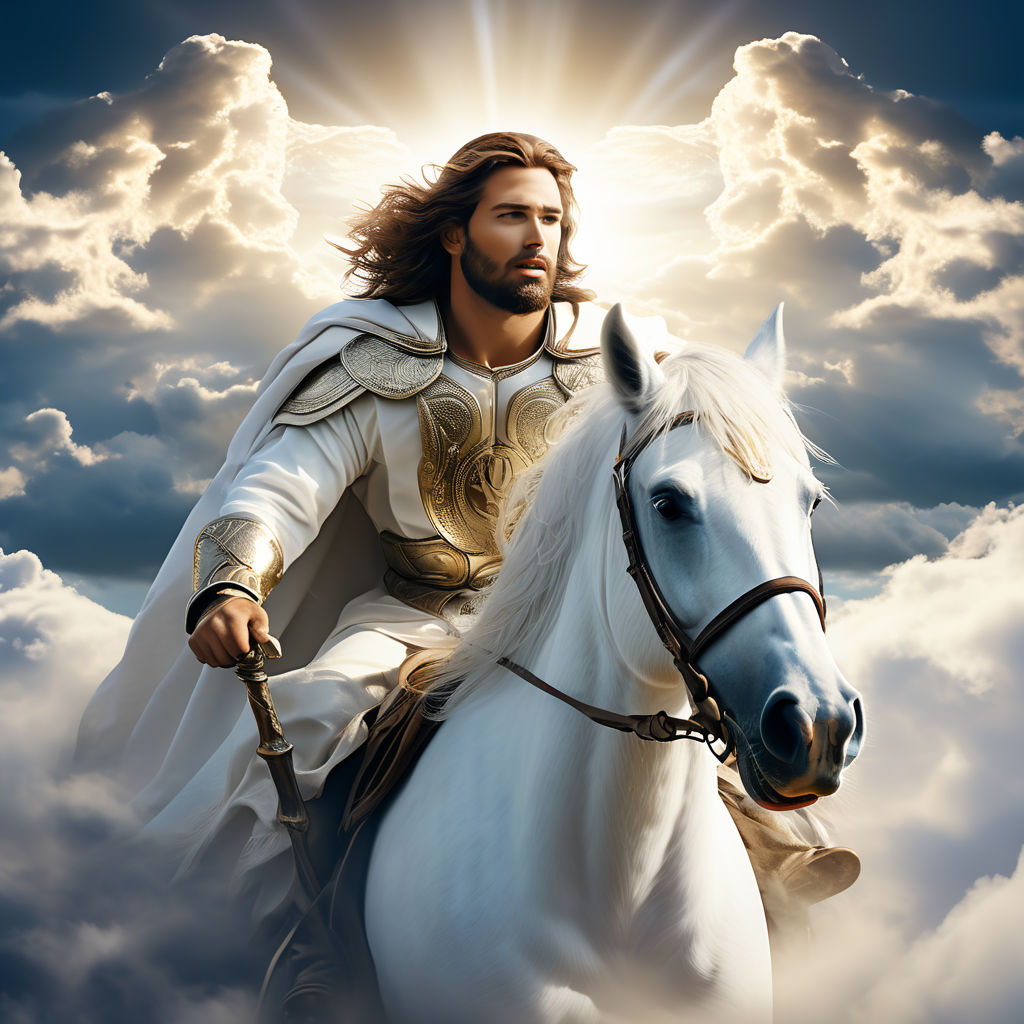 The image of the resurrected Jesus riding a white horse on a... by 오늘도 ...