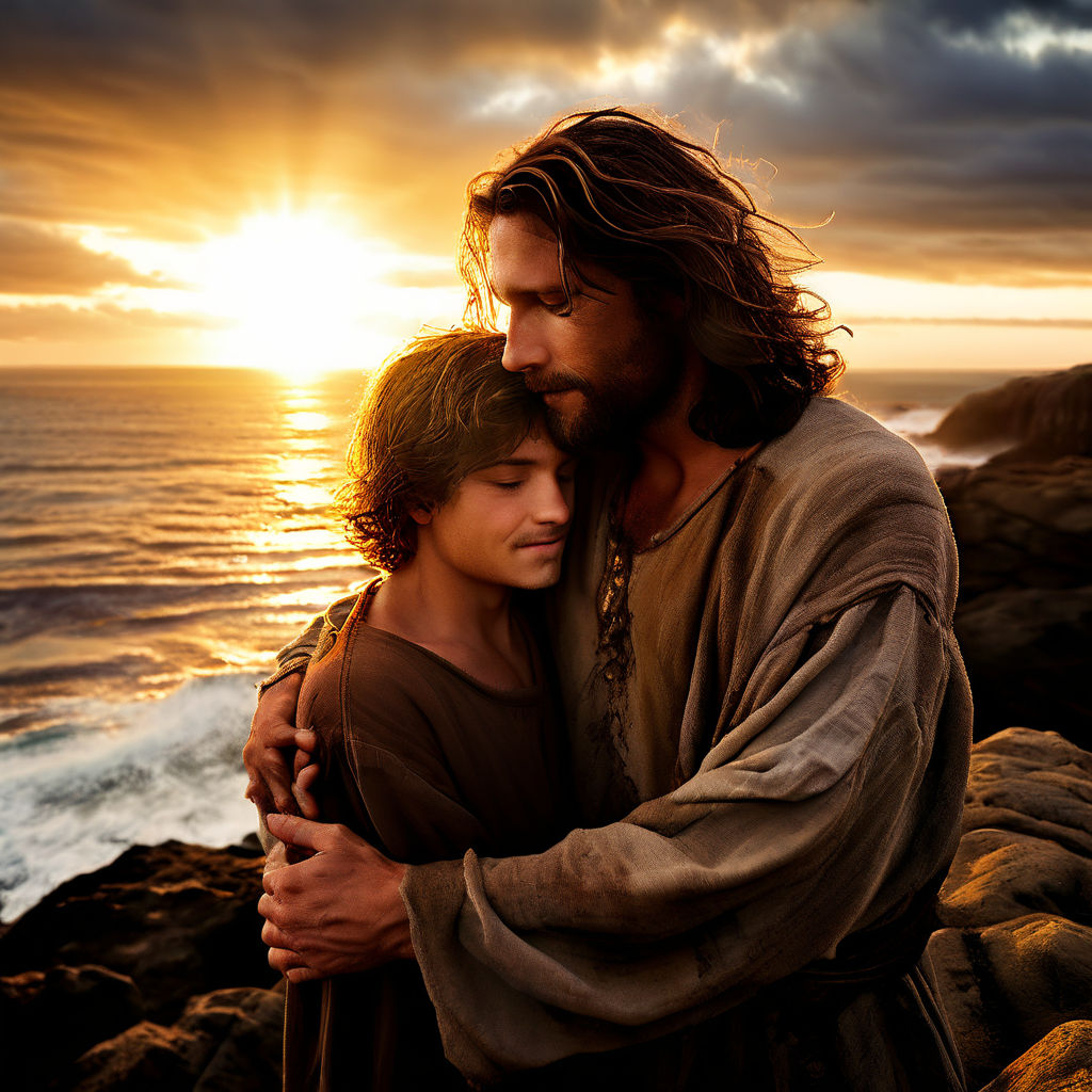 Jesus Christ embracing a young by Carlos Reis - Playground