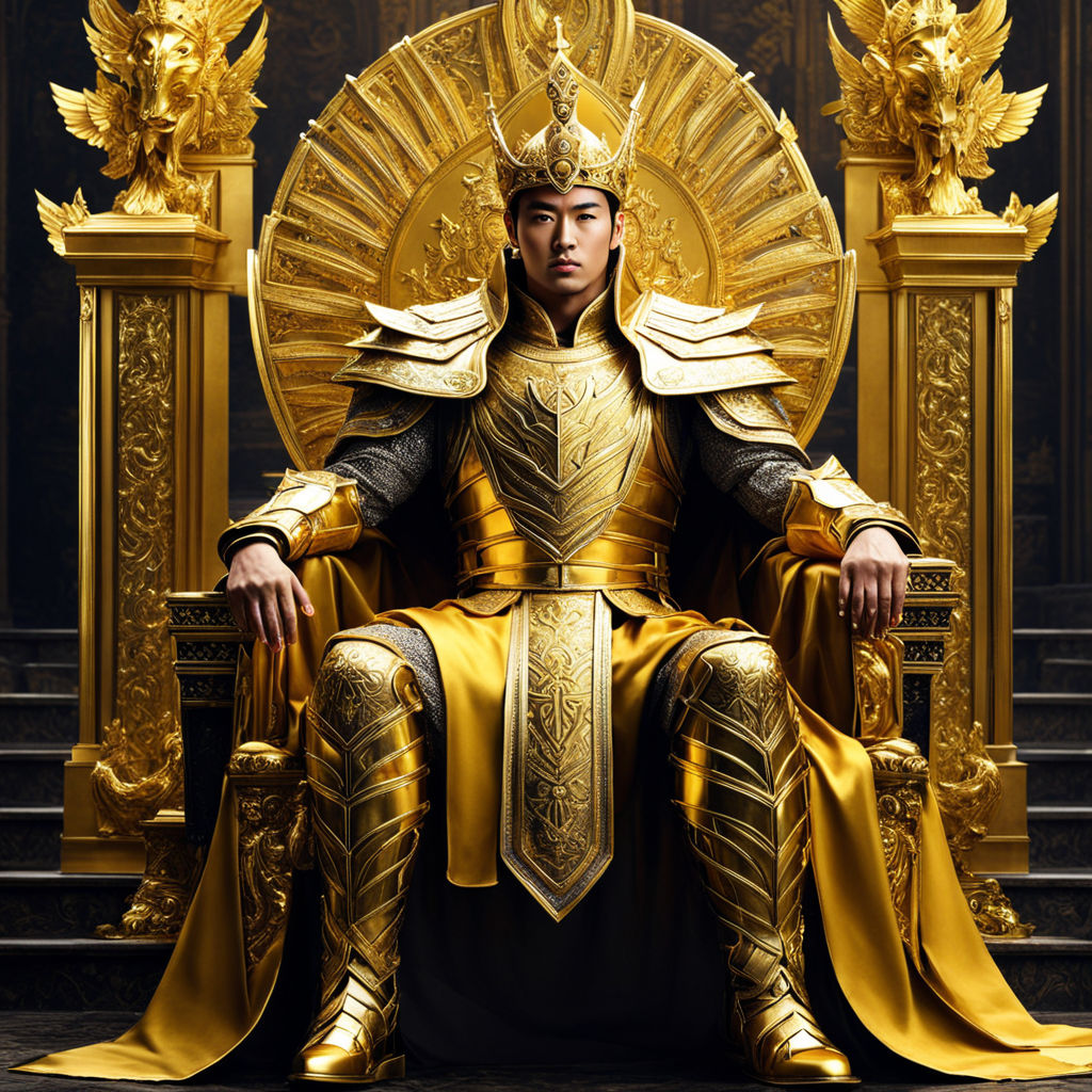Fashion god emperor wearing golden armor on a golden throne by Black ...