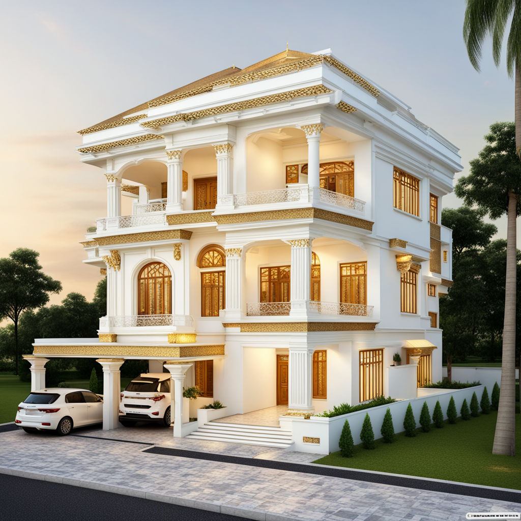 White and golden duplex house exterior design by Yogesh Jadhav - Playground