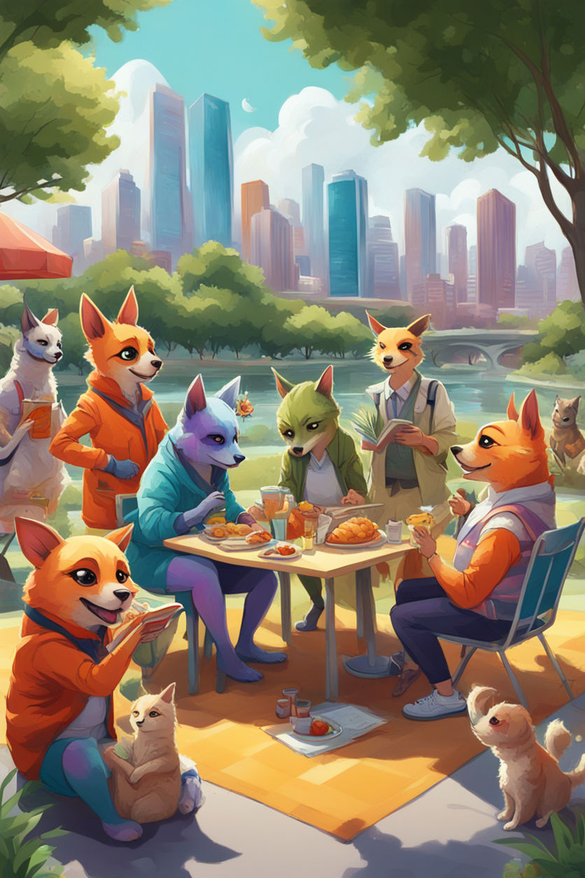 Fursona characters gathered in a vibrant urban park setting by Russ ...