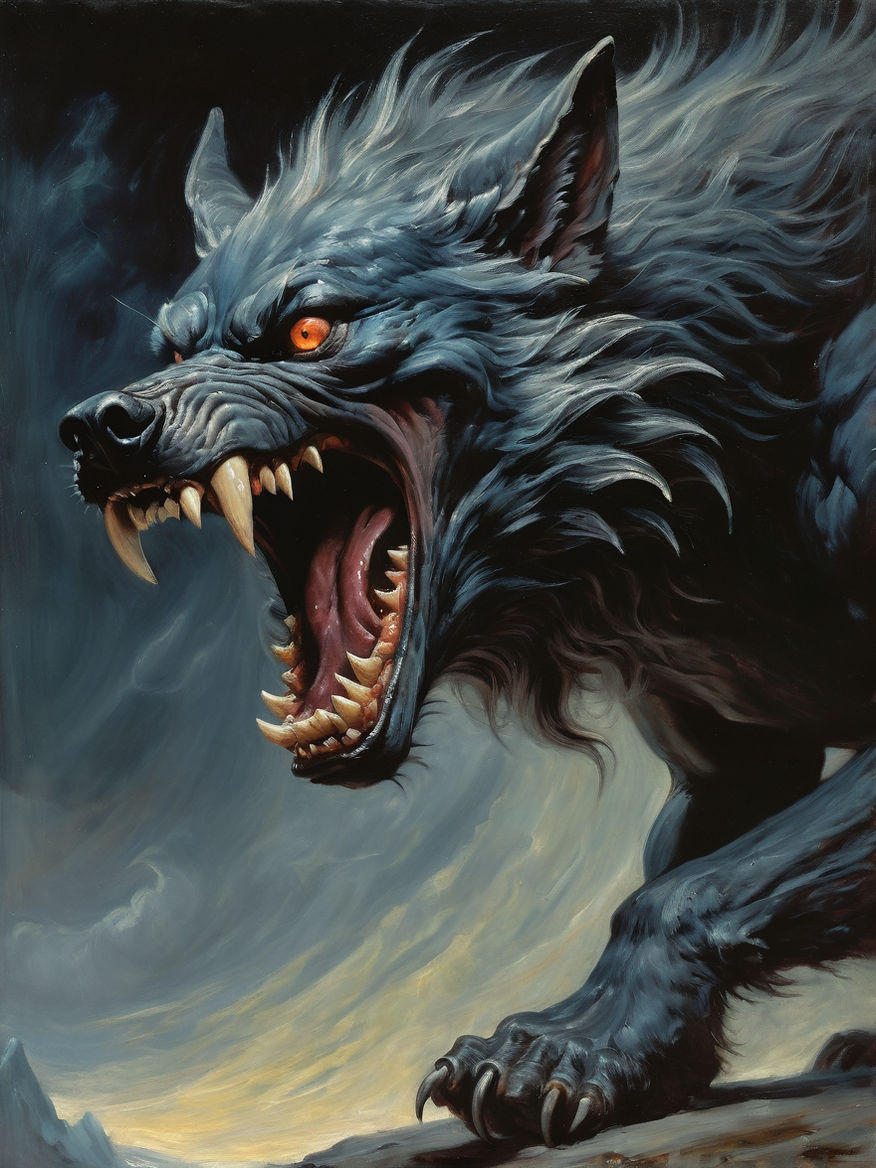 Fenrir snarling but viewed from its side in a 1980s dark fan... by ...