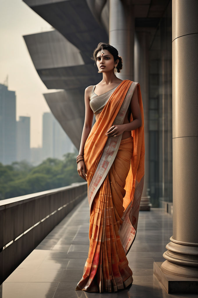 Indian model clad in draped saree balances tradition with mo... by Sai ...