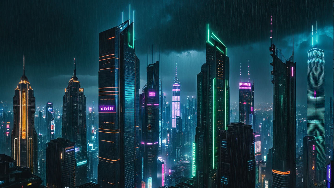 Cyberpunk Cityscape: Futuristic skyscrapers illuminated by n... by ...