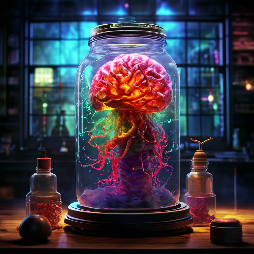 A brain monster in a jar filled with liquid inside a scienti... by dron ...