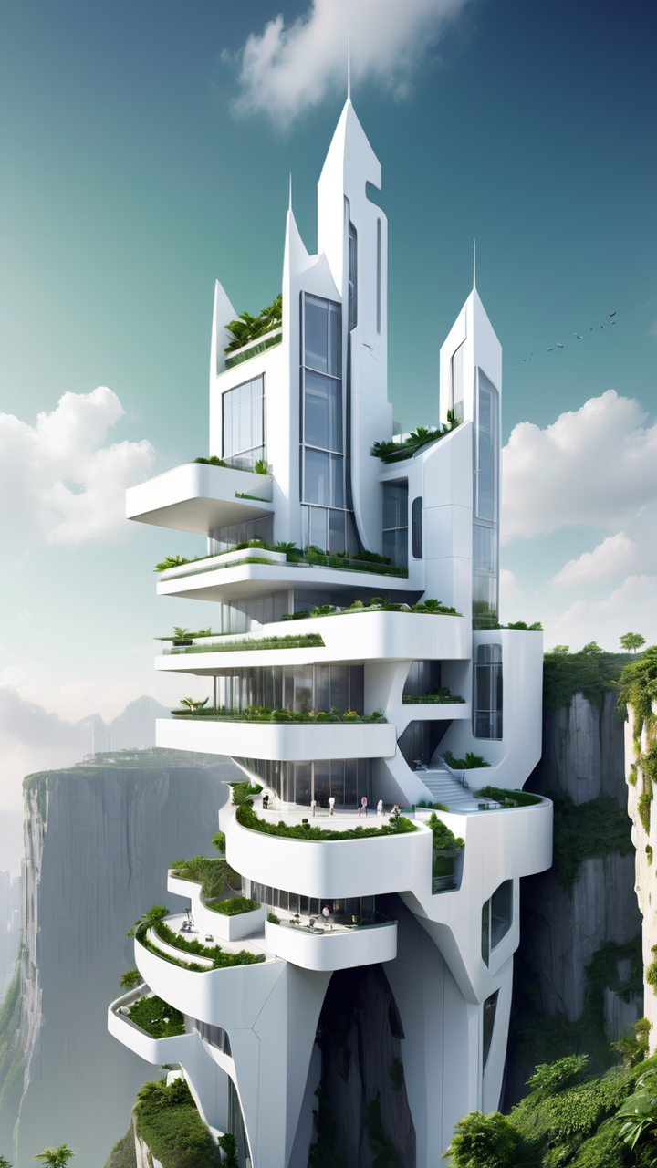 A futuristic architectural rendering depicts a stunning whit... by ...