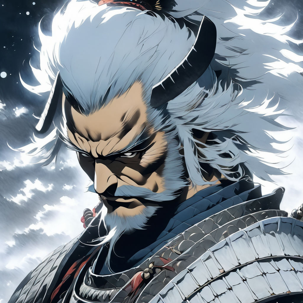 Face portrait of a samurai with white hairs wearing white sa... by ...