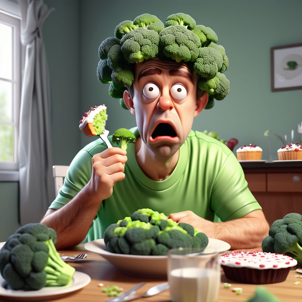 Cartoon 3d funny pajama man sitting at the table eating broc... by ...