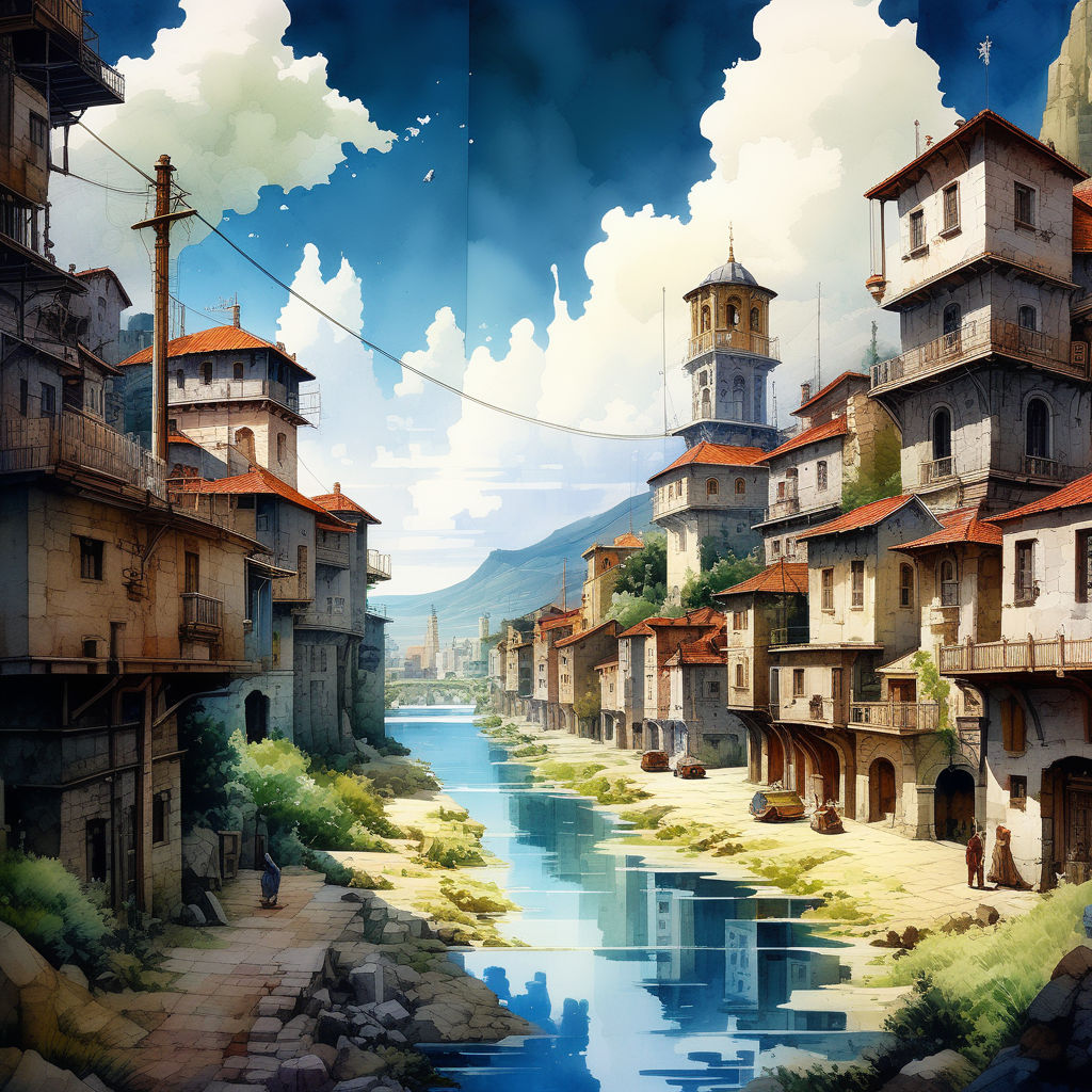 An image where on one side there is a town and on the other ... by ...