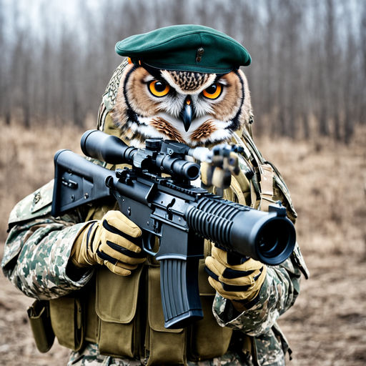 An owl in a military uniform of a soldier with a machine gun... by ...